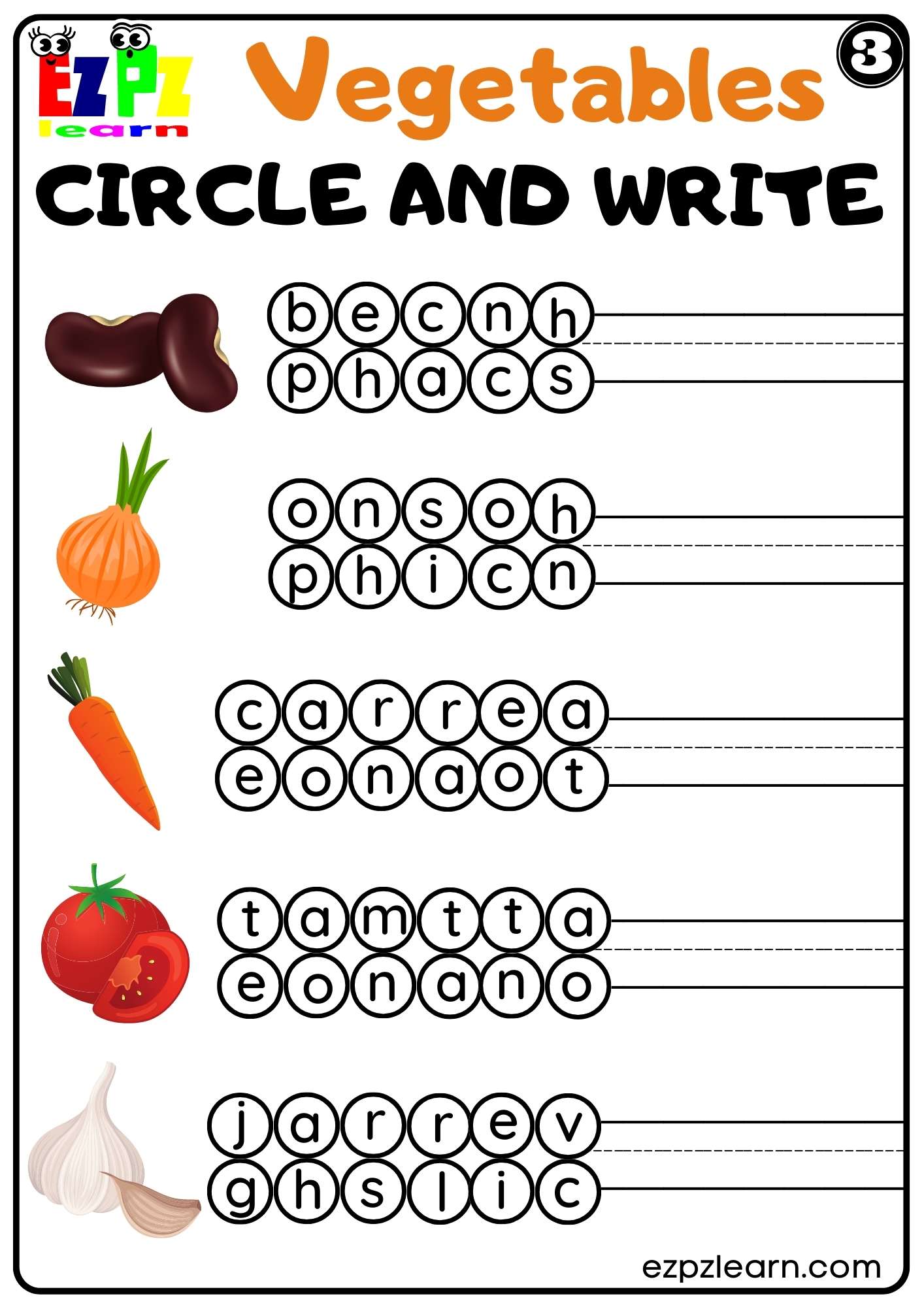 Vegetables Circle And Write Worksheet For K5 Kindergarten And ESL Vegetables Circle And Write Worksheet For K5 Kindergarten And ESL